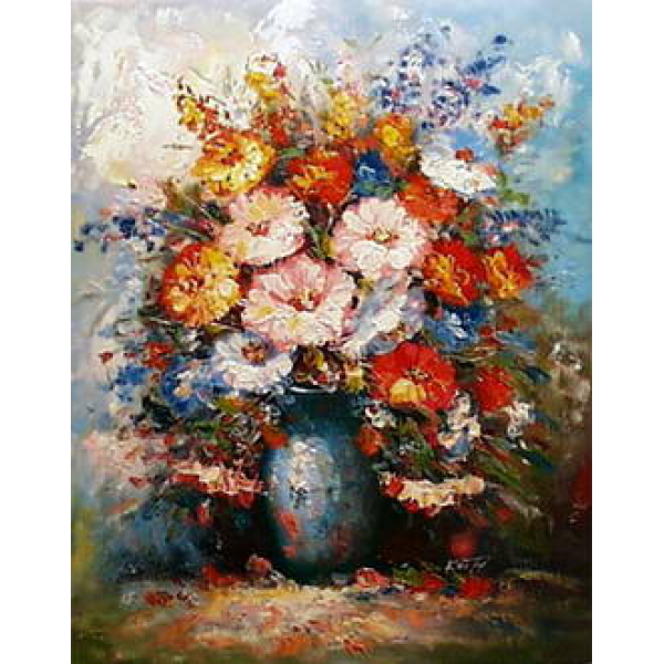 Peinture toile bleue bouquets de fleurs • Peintures sur toile