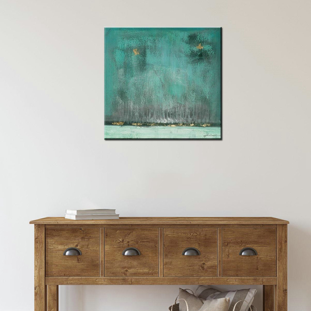 Tableau turquoise abstrait peint au pinceau avec effets au couteau ...